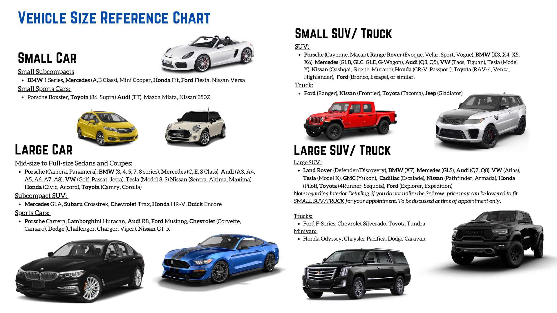 Vehicle Size Reference Chart | The Fine Details Ceramic Coating